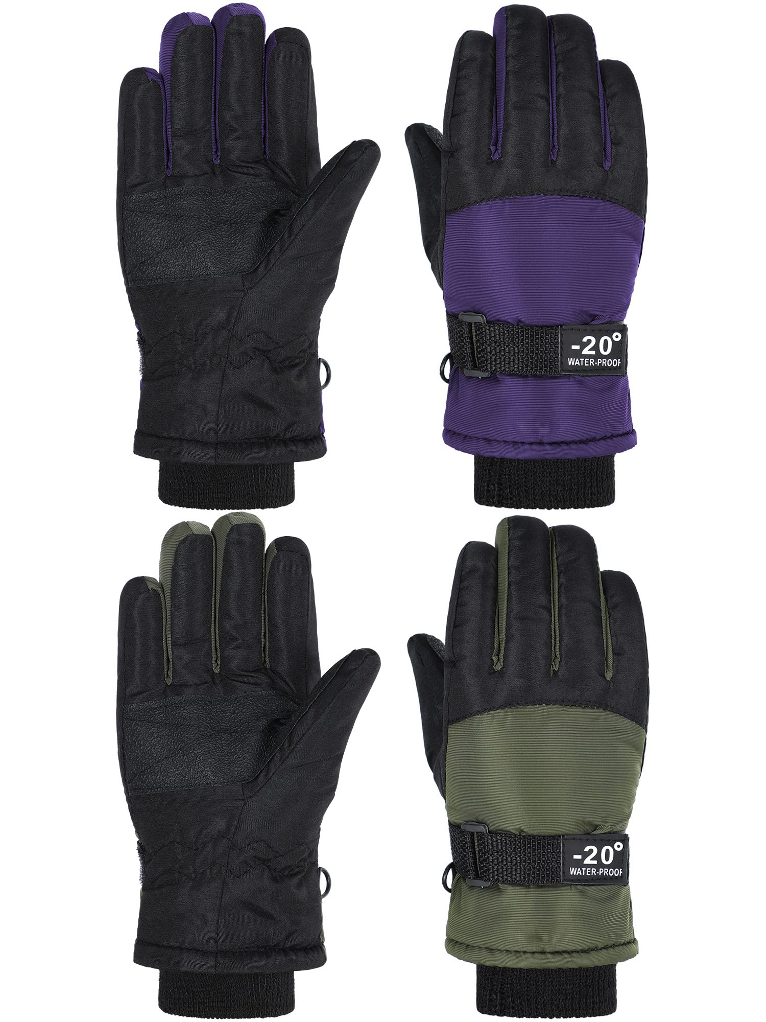 SATINIOR 2 Pairs Kids Waterproof Winter Snow Gloves Ski Gloves for Boy Girl Outdoor Warm Thickening Snowboard(Purple, Dark Green,6-10 Years)
