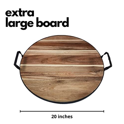 LIVMORE Large Round Wooden Tray Solid Serving with Handle Acacia Wood Circle Platter Decorative Charcuterie Cheese Board Oversized Ottoman Home Breakfast Tea Coffee Fruit Party Dinner