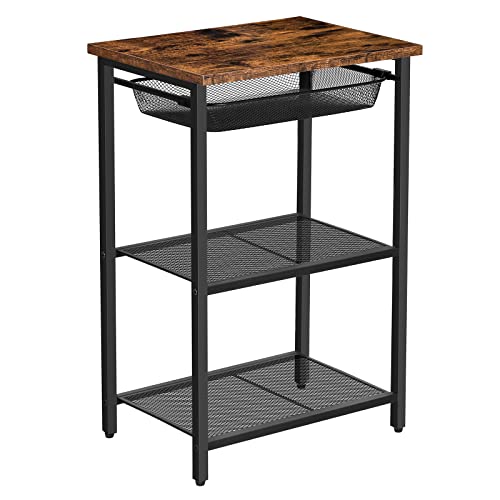 HOOBRO Tall Side Table, Industrial End Table with Adjustable Metal Mesh Basket, Telephone Table with Storage Shelf for in Bedroom, Living Room, Hallway, Easy Assembly, Rustic Brown BF02DH01