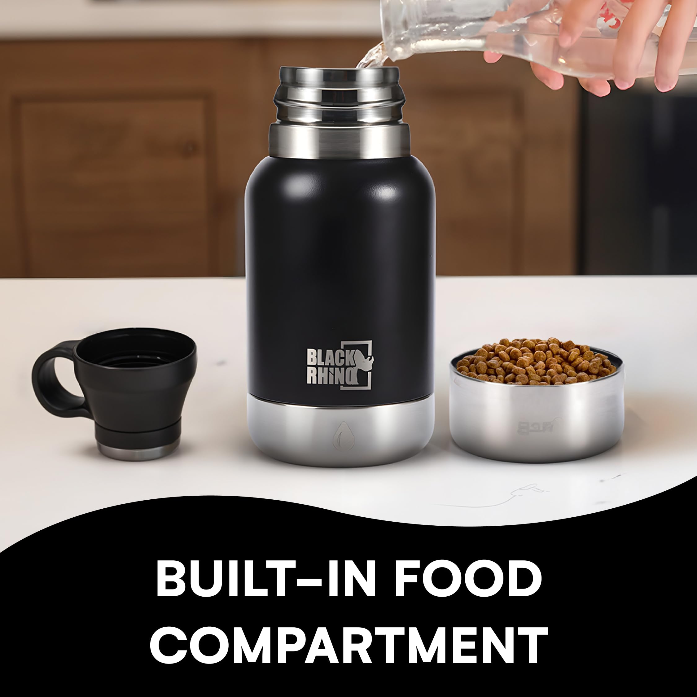 Black Rhino 32oz Multi-Functional Dog Water Bottle & Detachable Bowls - Black | Portable Travel Hydration Solution for Hiking, Camping, Outdoors | Leakproof, Durable & Convenient for Pet Owners