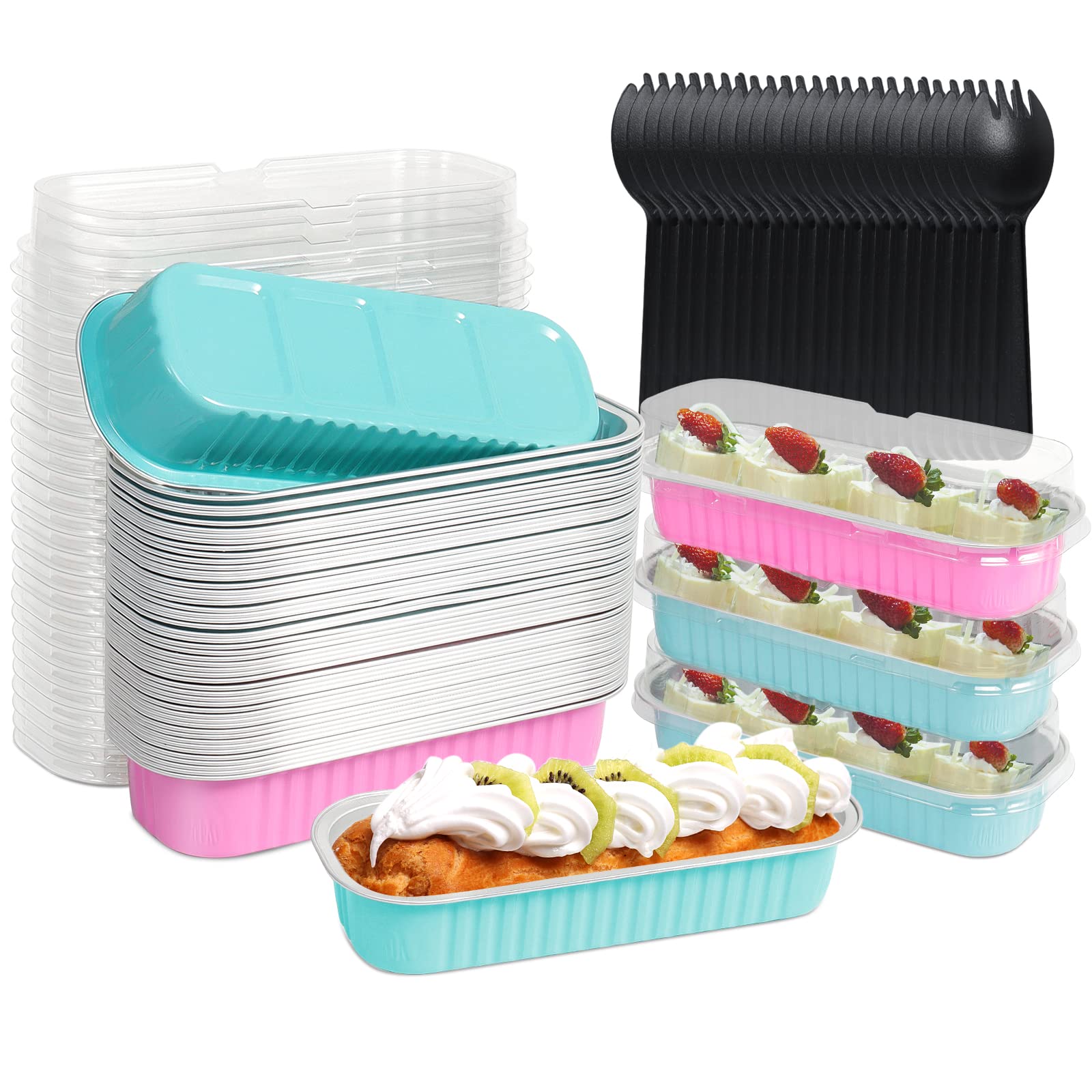 DI QIU REN 50Pack Disposable Mini Loaf Pan with Lid and Spoon, 0.42 Pound Rectangular Aluminum Silver Mini Loaf Pan for Loaf, Cake, Brownie, Cupcake