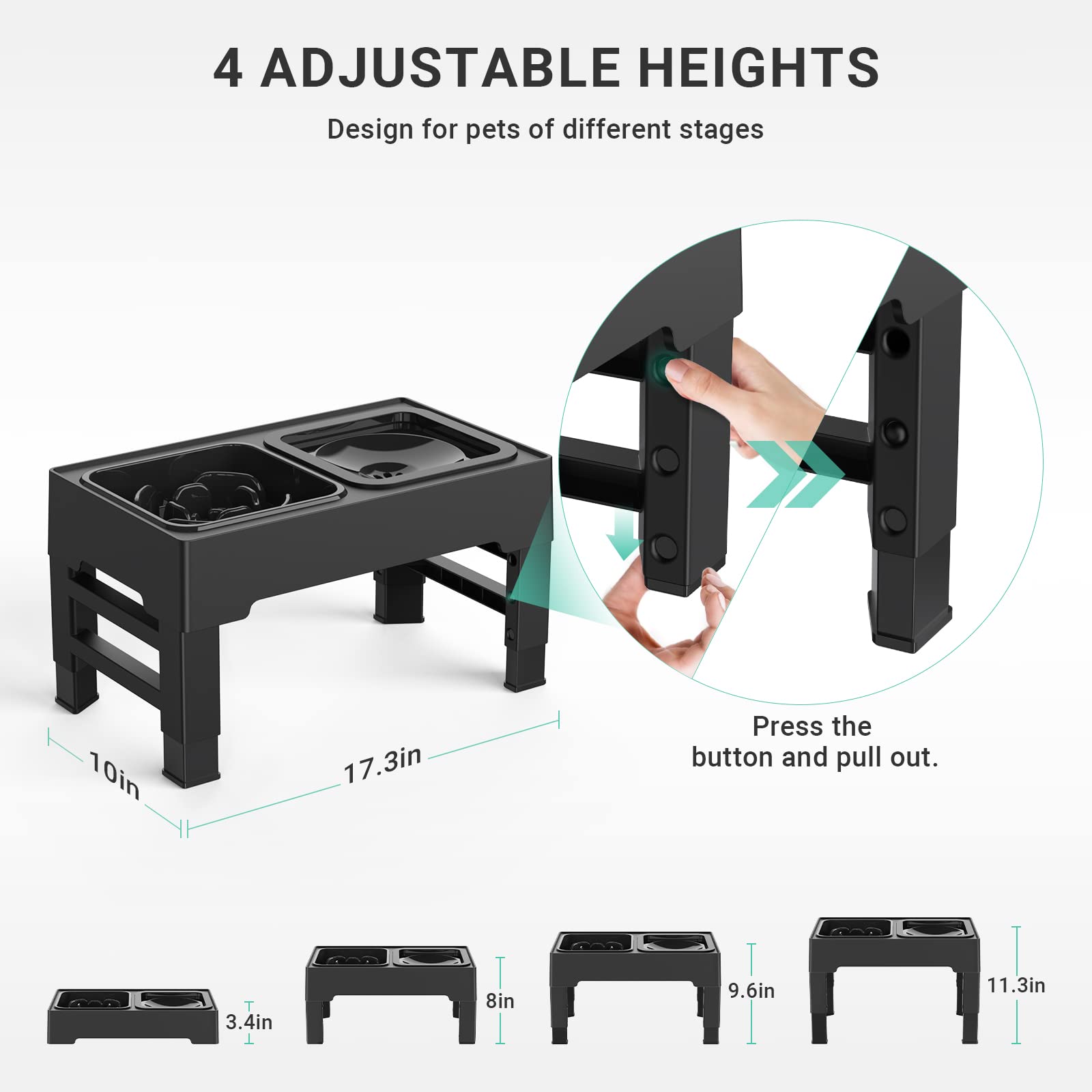 KungFuPet Elevated Dog Bowls, 2-in-1 Raised Slow Feeder Dog Bowls Stand with Anti Spill Non-Skid No Shaking Water Bowl 4 Height for Large Medium Dogs[Upgrade Version]