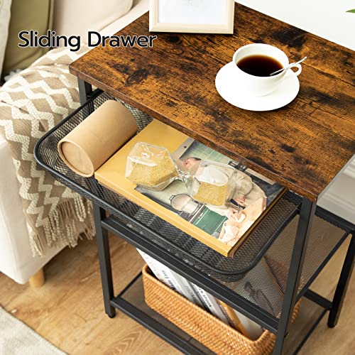 HOOBRO Tall Side Table, Industrial End Table with Adjustable Metal Mesh Basket, Telephone Table with Storage Shelf for in Bedroom, Living Room, Hallway, Easy Assembly, Rustic Brown BF02DH01