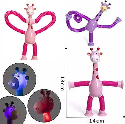 Telescopic Giraffe Suction Toys 4PCS, Telescopic Suction Cup Giraffe Toy Shape Changing Giraffe Telescopic Tube Suction Toys Stretch & Decompress Educational Sensory Toys for Kids (with Light)