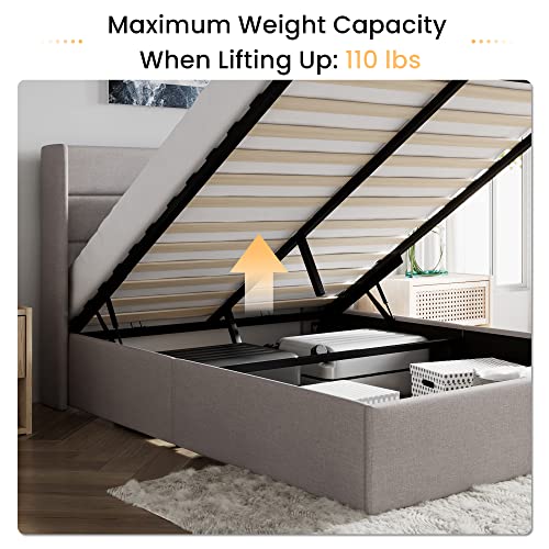 SHA CERLIN Queen Size Lift Up Storage Bed/Modern Wingback Headboard/Upholstered Platform Bed Frame/Hydraulic Storage/No Box Spring Needed/Wood Slats Support/Light Beige