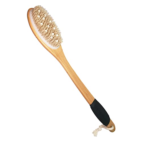 OWIIZI Bath Brush Wooden Curved Long Handle Antiskid Body Shower Brush for Exfoliating, Natural Bristle Back Scrubber for Shower Use Wet or Dry