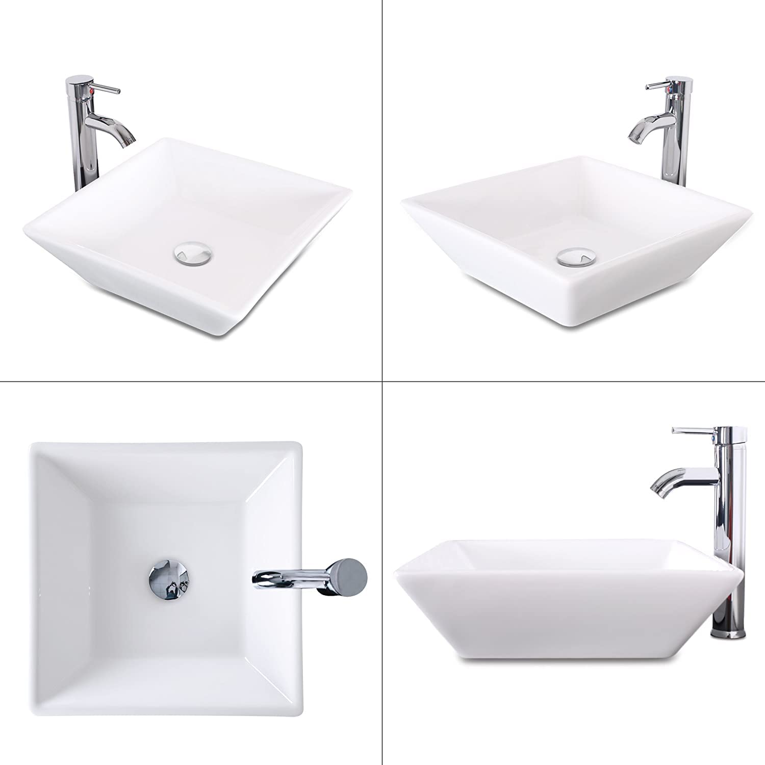 eclife 36" Bathroom Vanity Sink Combo Modern Metal Stand Cabinet W/Bottom Shelf & Storage Side Cabinet White Square Vessel Sink & Water Save Faucet & Pop Up Drain, Oak (A07)