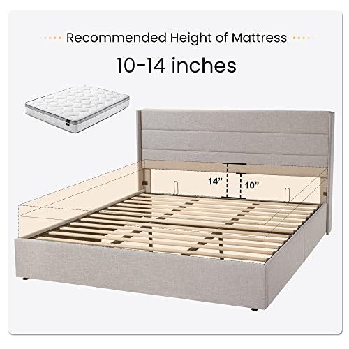 SHA CERLIN Queen Size Lift Up Storage Bed/Modern Wingback Headboard/Upholstered Platform Bed Frame/Hydraulic Storage/No Box Spring Needed/Wood Slats Support/Light Beige