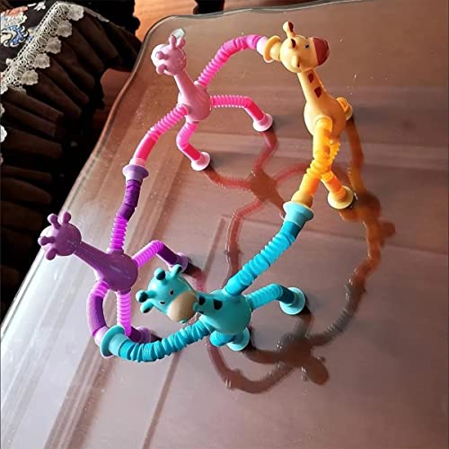 Telescopic Giraffe Suction Toys 4PCS, Telescopic Suction Cup Giraffe Toy Shape Changing Giraffe Telescopic Tube Suction Toys Stretch & Decompress Educational Sensory Toys for Kids (with Light)