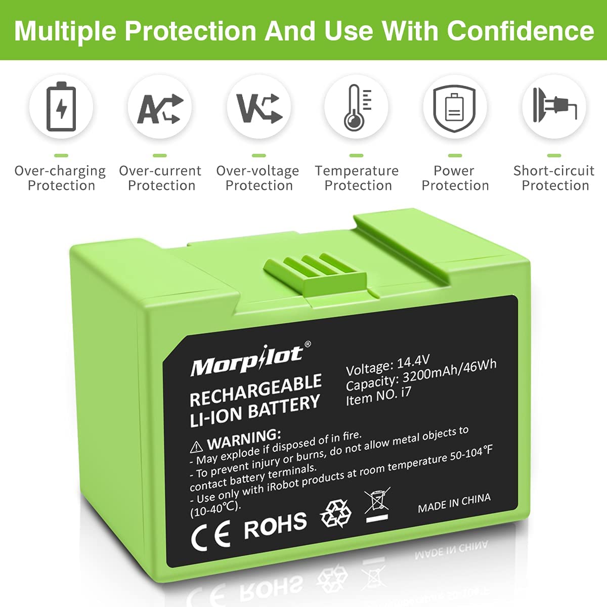 14.4V 3200mAh i7 Battery Replacement for iRobot Roomba e and i Series, Large Capacity Battery Compatible with Roomba i7 i7+ i8 i6 i4 i4+ i3 i3+ i7158 J7 7150 7550 and e e5 e6 e5150 e5152 e6198 Etc