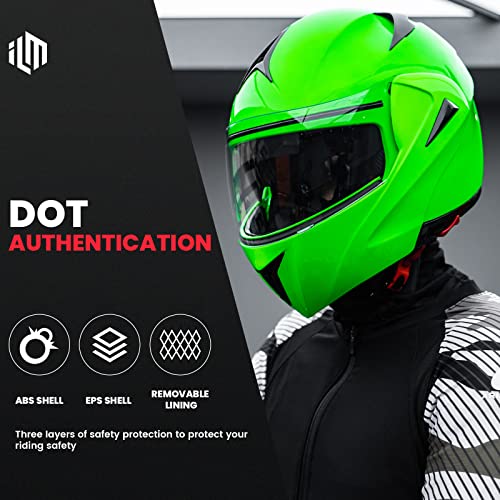 ILM Motorcycle Helmets Modular Dual Visor Flip-up Full Face Street Bike Racing Helmet DOT 5 Colors Model 808 (M, Green)