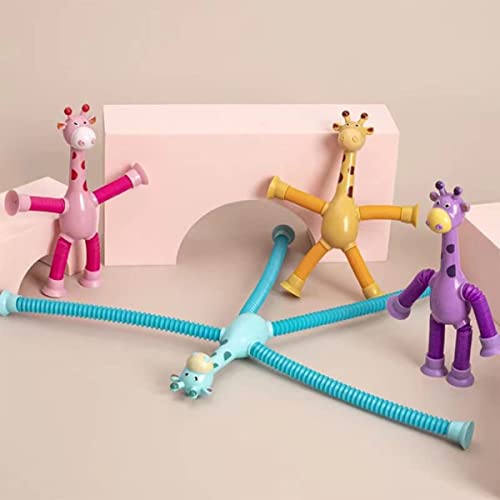 Telescopic Giraffe Suction Toys 4PCS, Telescopic Suction Cup Giraffe Toy Shape Changing Giraffe Telescopic Tube Suction Toys Stretch & Decompress Educational Sensory Toys for Kids (with Light)