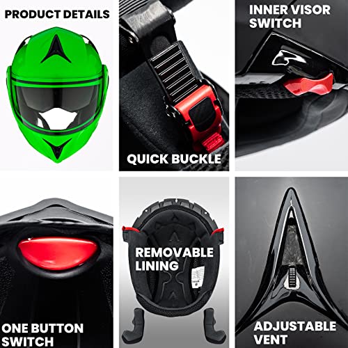 ILM Motorcycle Helmets Modular Dual Visor Flip-up Full Face Street Bike Racing Helmet DOT 5 Colors Model 808 (M, Green)