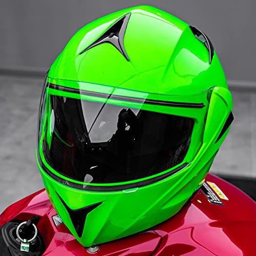 ILM Motorcycle Helmets Modular Dual Visor Flip-up Full Face Street Bike Racing Helmet DOT 5 Colors Model 808 (M, Green)
