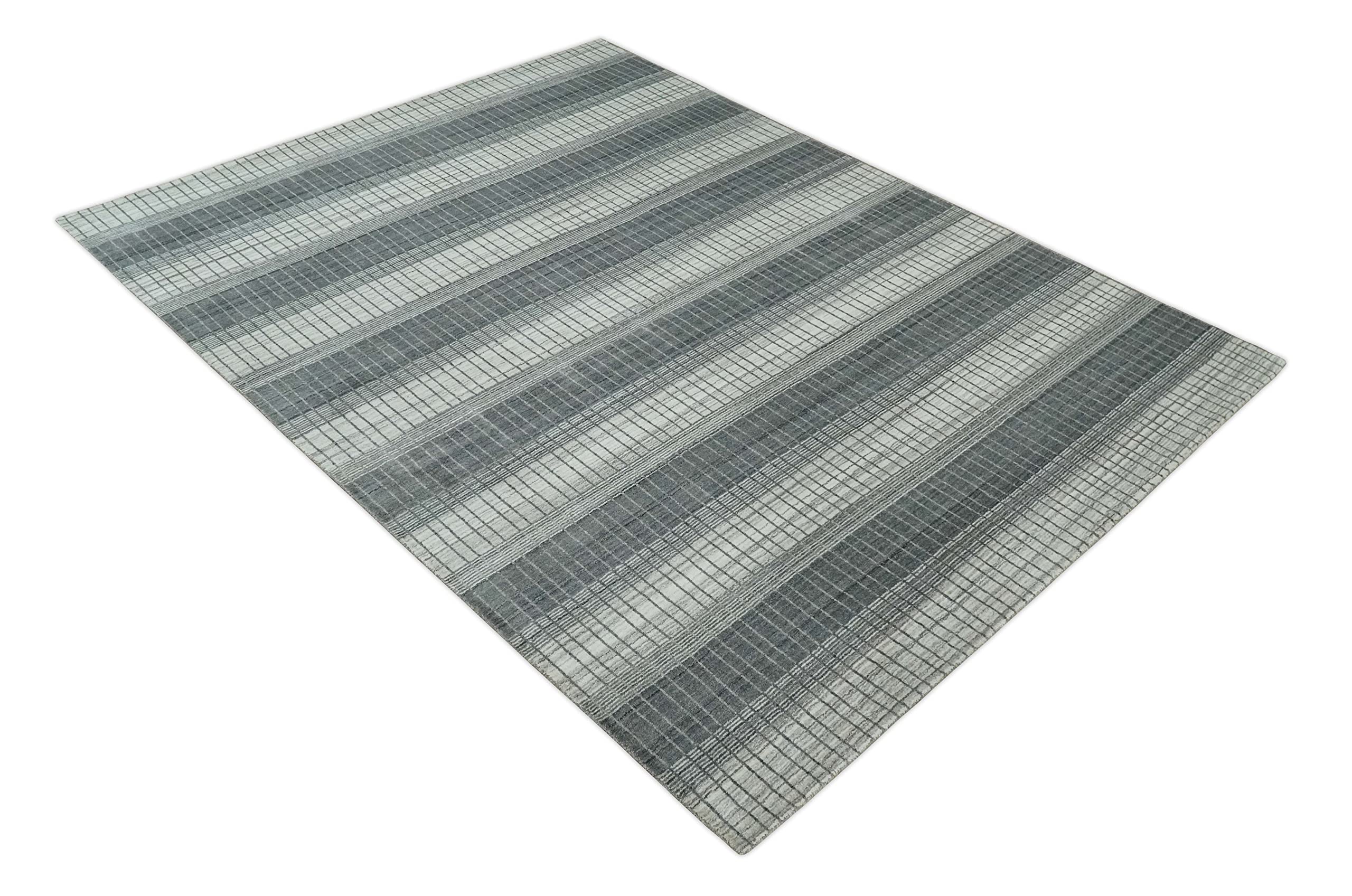 Modern Hand Made Stripes Scandinavian Blended Wool Flatwoven Area Rug, Ivory, Gray and Brown, 8x10 | KE23810