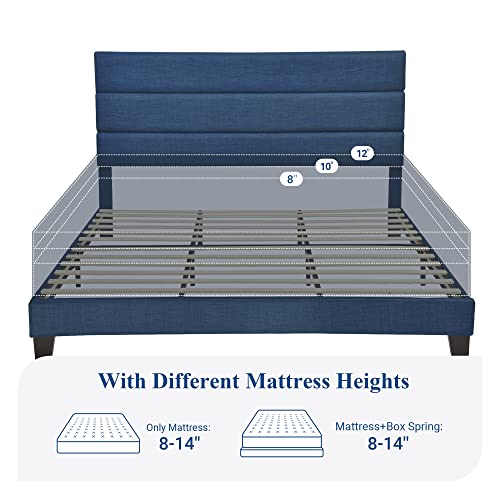 Allewie King Size Platform Bed Frame with Fabric Upholstered Headboard and Wooden Slats Support, Fully Upholstered Mattress Foundation/No Box Spring Needed/Easy Assembly, Navy Blue