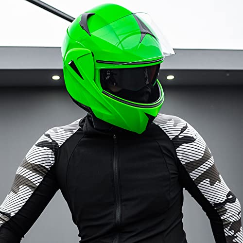 ILM Motorcycle Helmets Modular Dual Visor Flip-up Full Face Street Bike Racing Helmet DOT 5 Colors Model 808 (M, Green)