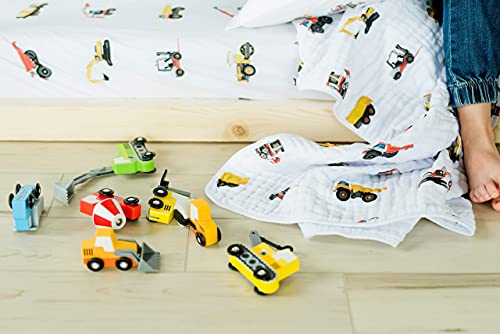Bundle of ADDISON BELLE Products - 100% Cotton Fitted Crib Sheet + Everything Blanket - Construction Trucks - Soft, Durable & Breathable