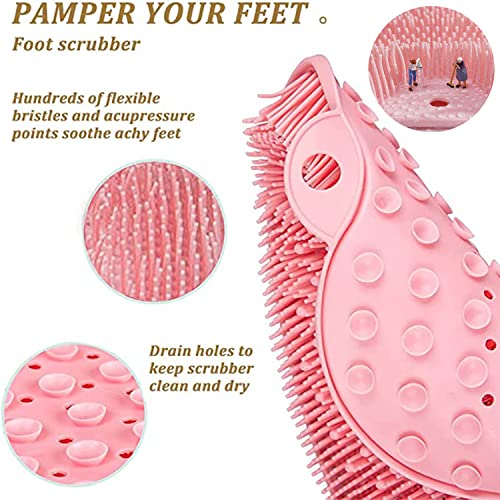Shower Shower Foot & Back Scrubber,New Wall Mounted Back Scrubber, Silicone Bath Massage Cushion Brush with Suction Cups,Bathroom Wash Foot Mat Exfoliating Dead Skin Foot Brush (Pink)