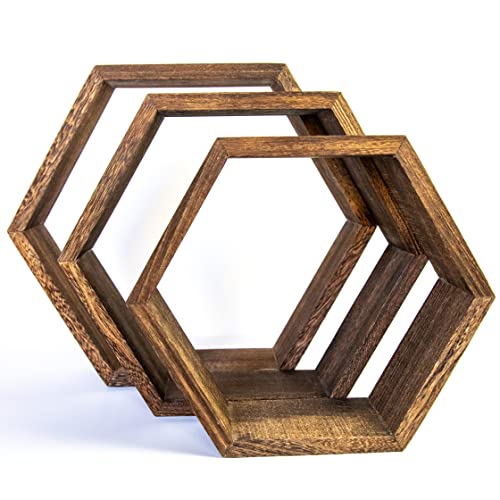 Hexagon Wooden Shelves ā Set of 3 Geometric Floating Wall Shelf āSmall, Medium, Large -Rustic Brown Honeycomb Design for Bedroom, Living Room, Office.