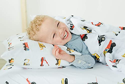Bundle of ADDISON BELLE Products - 100% Cotton Fitted Crib Sheet + Everything Blanket - Construction Trucks - Soft, Durable & Breathable