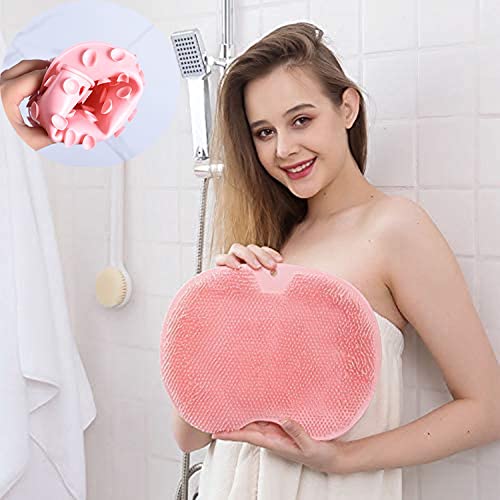 Shower Shower Foot & Back Scrubber,New Wall Mounted Back Scrubber, Silicone Bath Massage Cushion Brush with Suction Cups,Bathroom Wash Foot Mat Exfoliating Dead Skin Foot Brush (Pink)