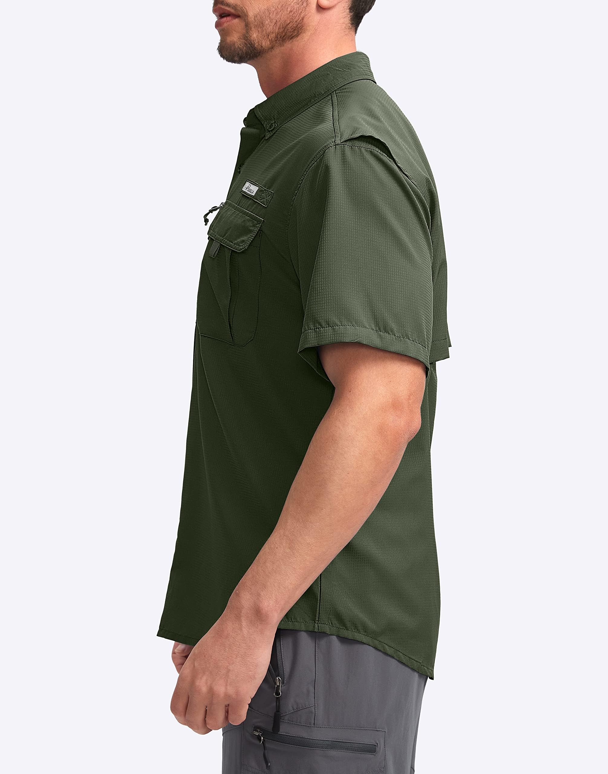 Pudolla Men's Fishing Shirts Short Sleeve Travel Work Shirts Summer Button Down Shirts for Men UPF50+ with Zipper Pockets(Olive, XX-Large)