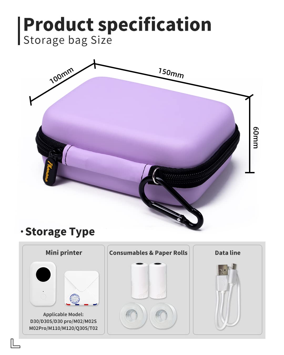Phomemo Label Printer Case Hard Carry Case Compatible D30/D110/T02/M110/M02 Label Printer, Label Maker Labeler Storage Holder,Purple