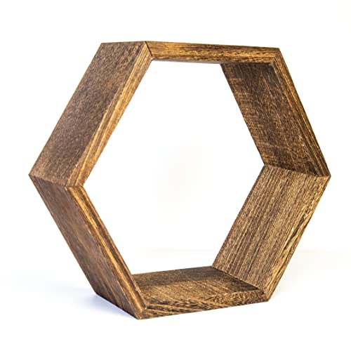 Hexagon Wooden Shelves – Set of 3 Geometric Floating Wall Shelf –Small, Medium, Large -Rustic Brown Honeycomb Design for Bedroom, Living Room, Office.