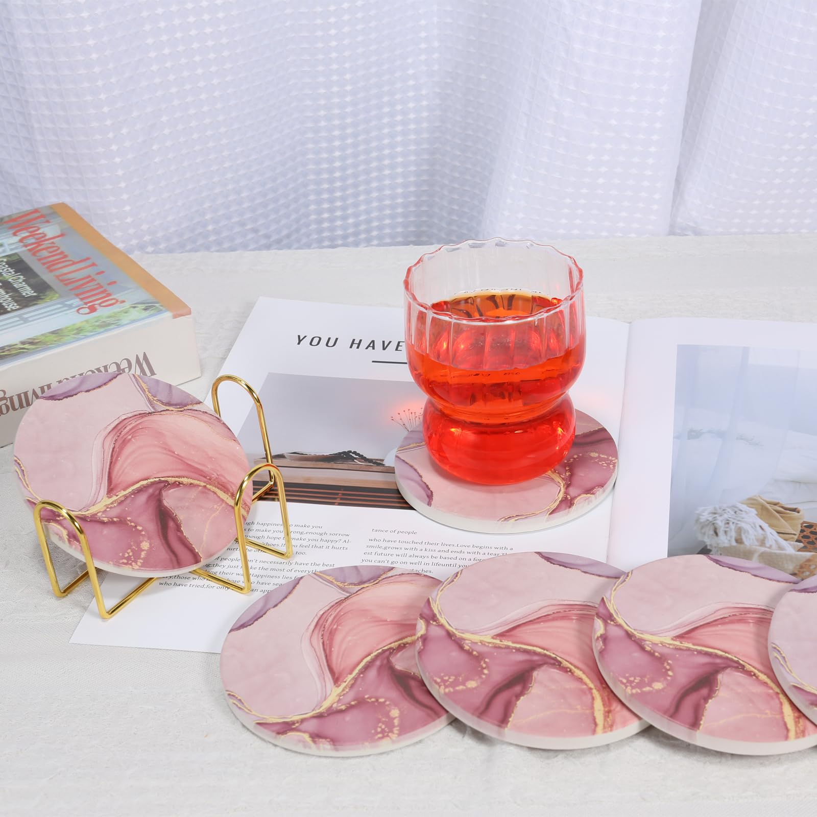 Warmroom Absorbent Pink Marble Ceramic Coasters for Drinks with Gold Holder and Cork Base Set of 6 Round Decorative Tabletop Protection for Coffee Table Bar Kitchen Home and Dining Room