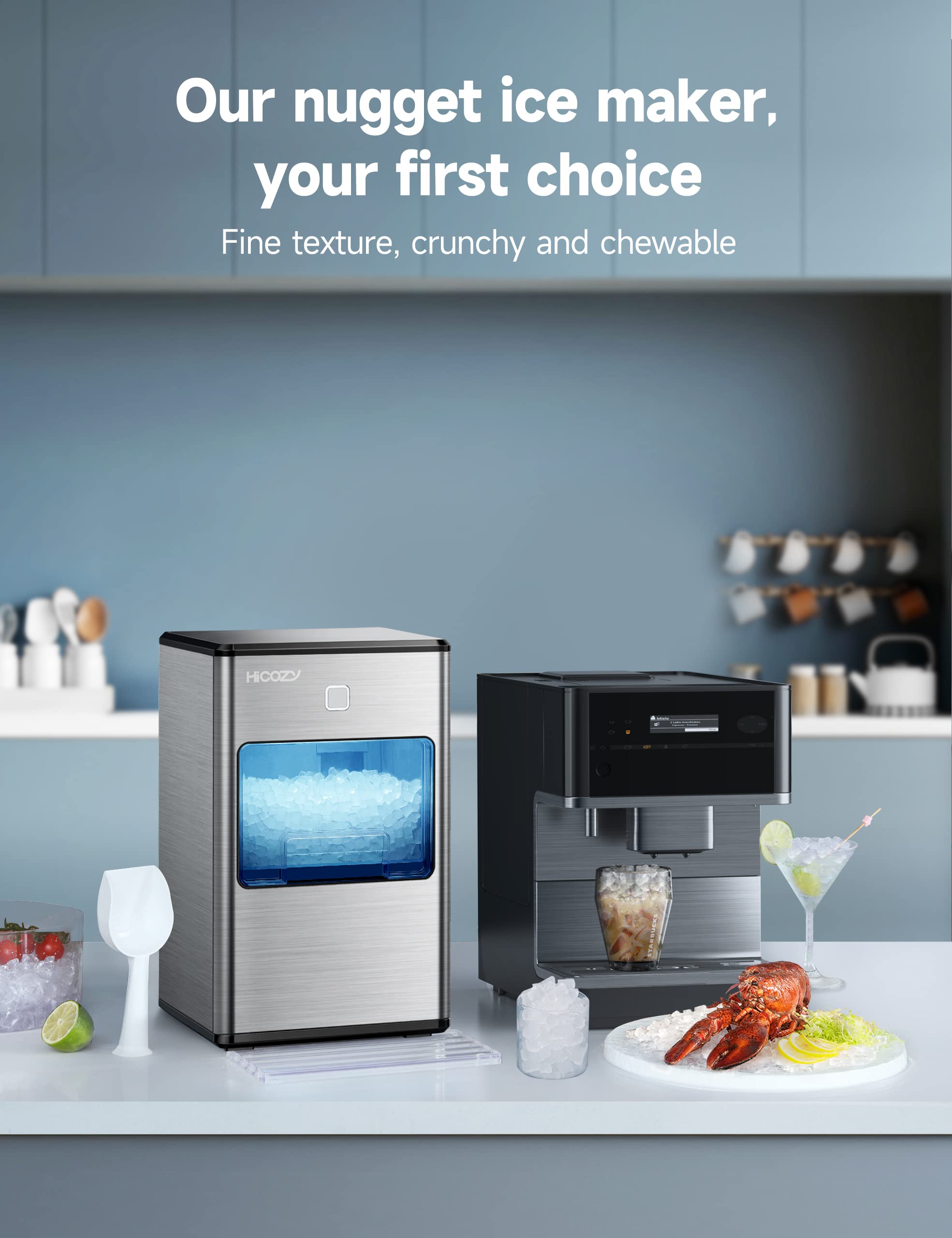 HiCOZY Dual-Mode Nugget Ice Maker Countertop, Compact Crushed Ice Maker, Produce Ice in 5 Mins, 55LB Per Day, Self-Cleaning and Automatic Water Refill (Black)