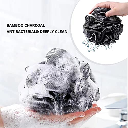 Loofah-Charcoal Back-Scrubber-Bath Sponges-Long Handled Shower Sponge-Loofah On a Stick- 1 Long Handle Back Brush, 1 Large Soft Mesh Poufs and 2 Hook for Men and Women