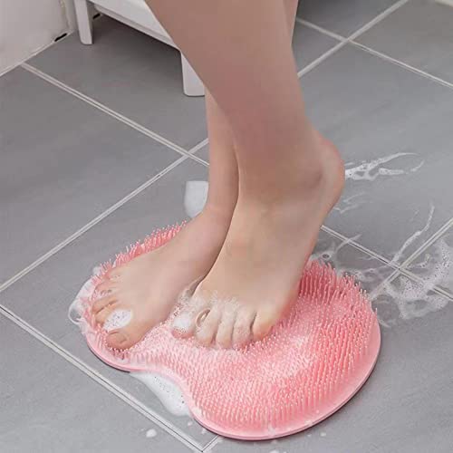 Shower Shower Foot & Back Scrubber,New Wall Mounted Back Scrubber, Silicone Bath Massage Cushion Brush with Suction Cups,Bathroom Wash Foot Mat Exfoliating Dead Skin Foot Brush (Pink)
