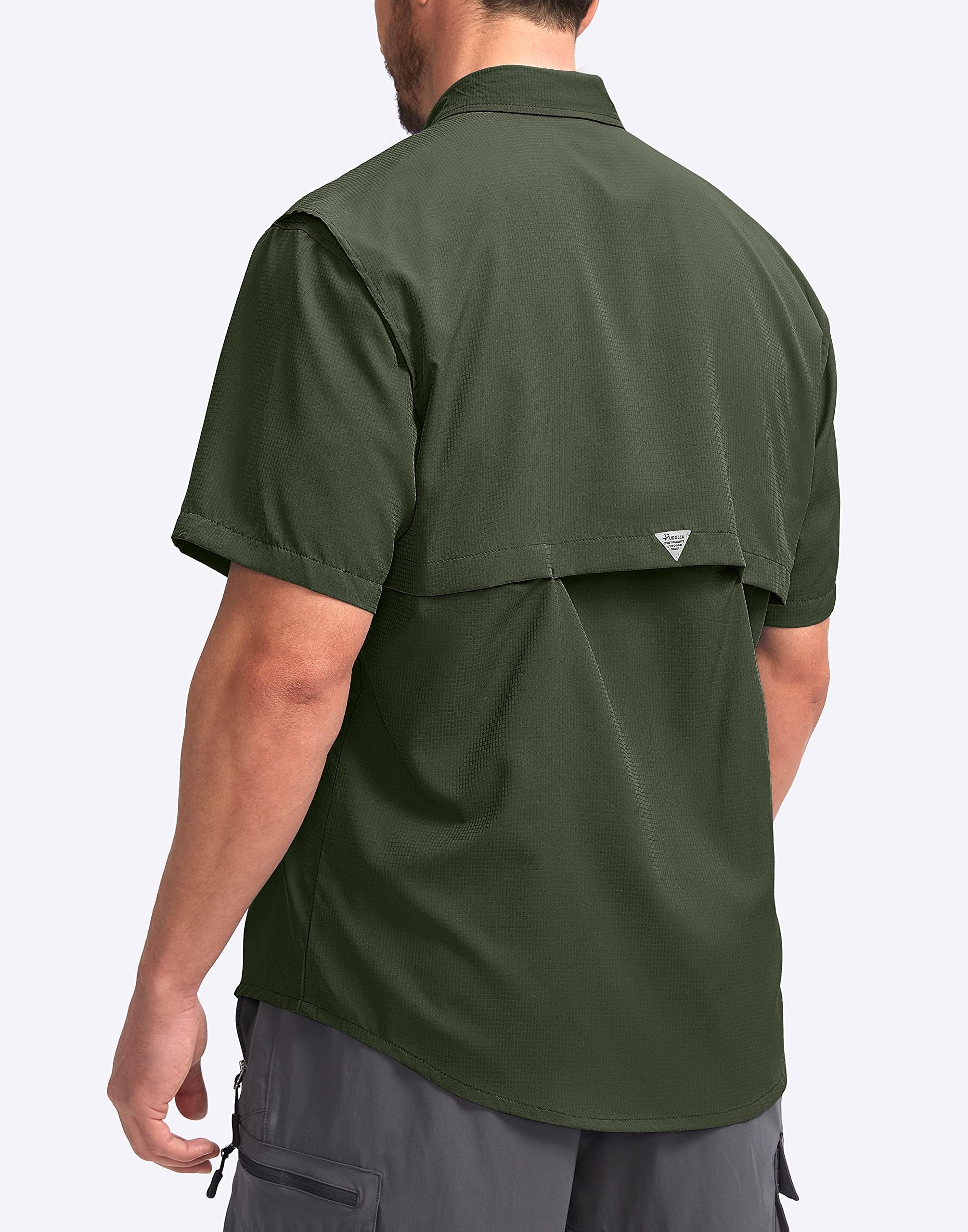 Pudolla Men's Fishing Shirts Short Sleeve Travel Work Shirts Summer Button Down Shirts for Men UPF50+ with Zipper Pockets(Olive, XX-Large)