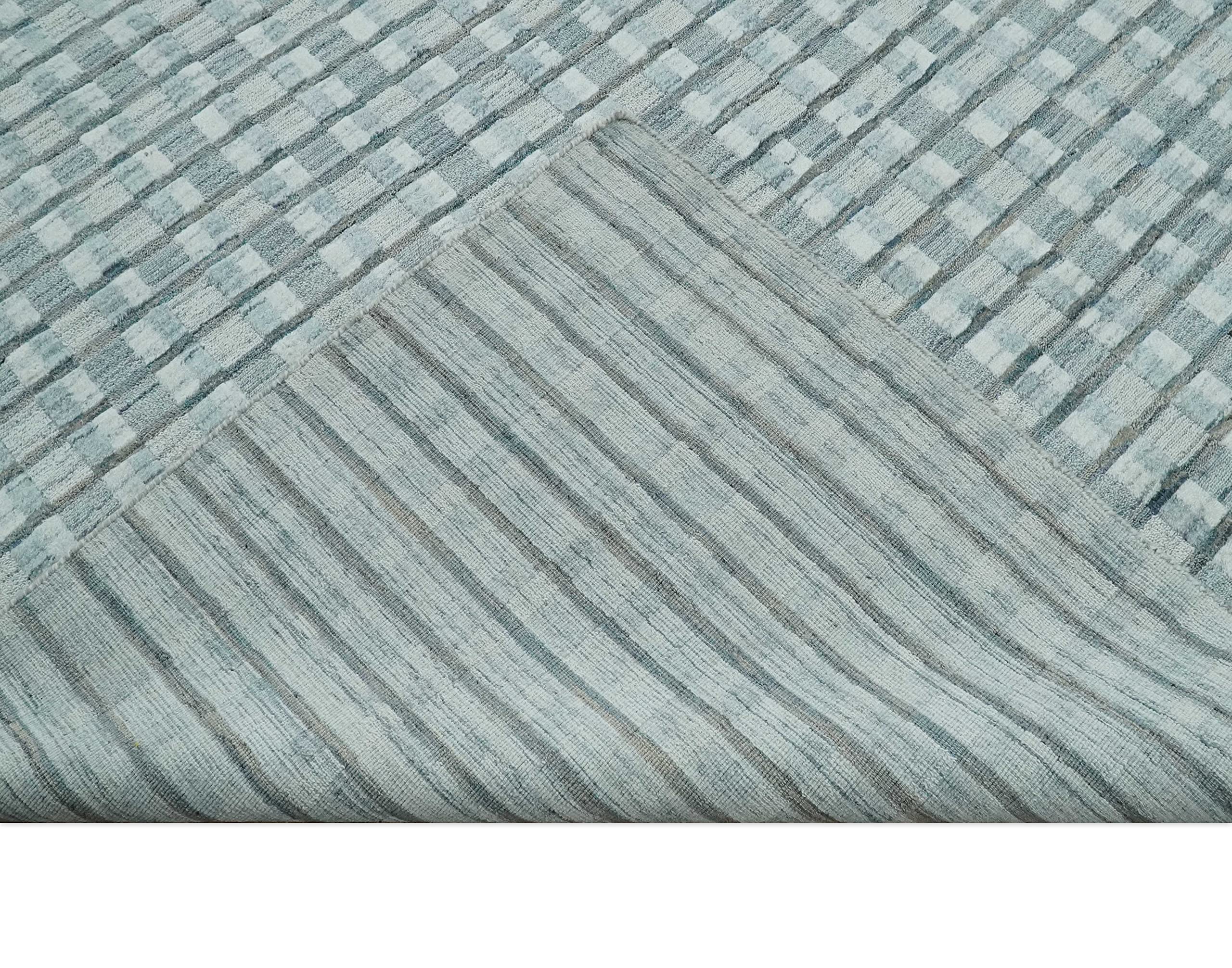 Artisan's Arc Hand Made Checkered Scandinavian Blended Wool Flatwoven Area Rug, White, Teal and Gray, 8x10 | KE18810