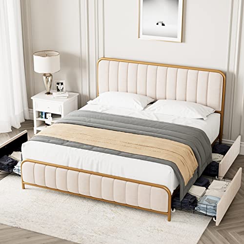HITHOS Upholstered Queen Size Bed Frame with 4 Storage Drawers and Headboard, Heavy Duty Metal Mattress Foundation with Wooden Slats, Easy Assembly, No Box Spring Needed (Golden/Off White, Queen)