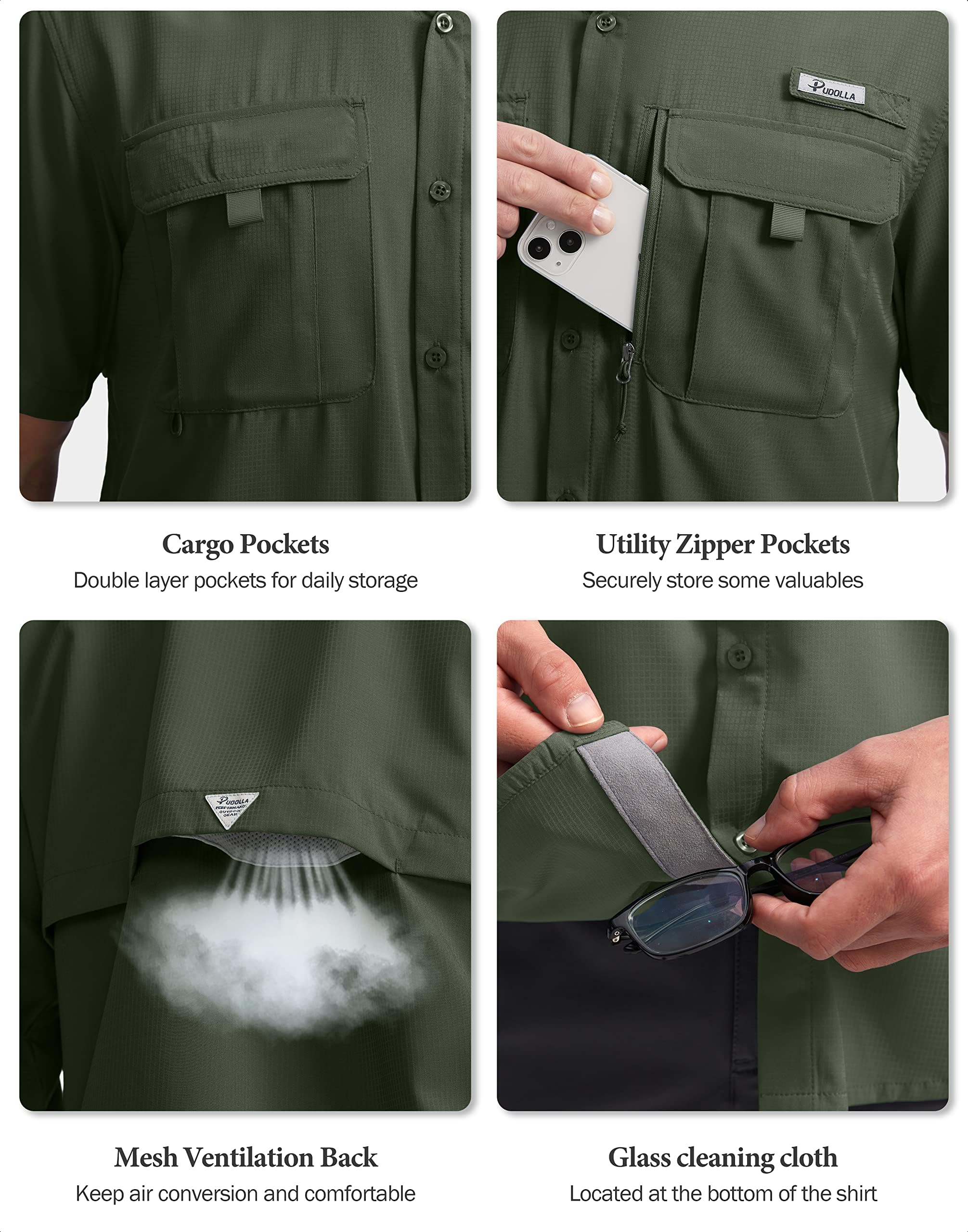Pudolla Men's Fishing Shirts Short Sleeve Travel Work Shirts Summer Button Down Shirts for Men UPF50+ with Zipper Pockets(Olive, XX-Large)