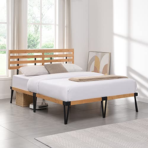 HW COMFORT 14 Inch Queen Solid Bamboo and Metal Platform Bed Frame/Bamboo Wood Slat Support/No Box Spring Needed/Easy Assembly, Natural & Black