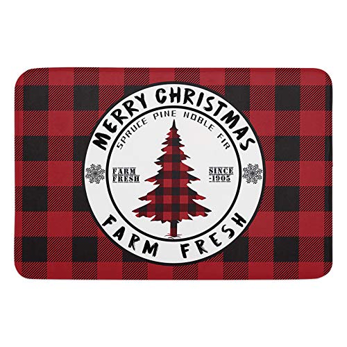 Bathroom Floor Rugs Merry Christmas Sponge Doormat Absorbent Non Slip Durable Flannel Mat Farm Fresh Christmas Tree Red Buffalo Plaid Christmas Memory Foam Mats for Bathroom Kitchen20 x 31.5 inches