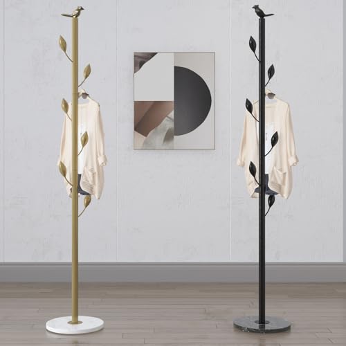 Julenshion Metal Coat Rack Freestanding Coat Tree Clothes Stand with 6 Hooks,Top with Bird, Marble Base for Coats Hats Bags Purses Entryway Hallway Bedroom(Gold
