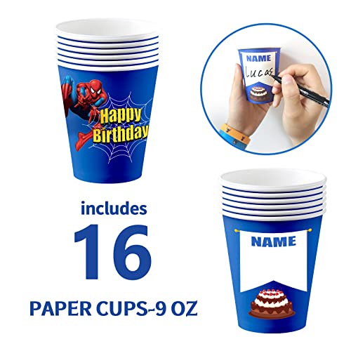 Spiderman Party Supplies for Kids Birthday, Disposable Tableware for 16 Guests, Include 7β Plates,9β Plates, 9 oz Cups, Table Cover, Napkins