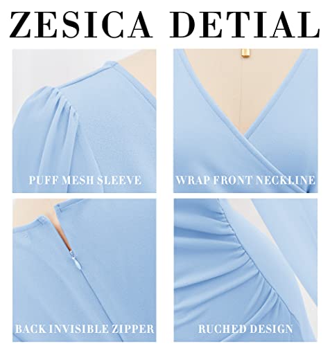 ZESICA Women's Wrap V Neck Bodycon Mini Dress Puff Long Sleeve Ruched Asymmetrical Hem Cocktail Party Short Dresses,LightBlue,Medium
