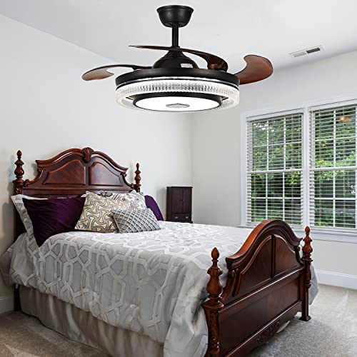 LUOLAX 42in Fandelier Ceiling Fan with Lights and Bluetooth Speaker,Modern Crystal Chandelier LED Fan 6 Speeds Fans Music with Remote Control Modern Crystal Invisible Blades with Silent Motor