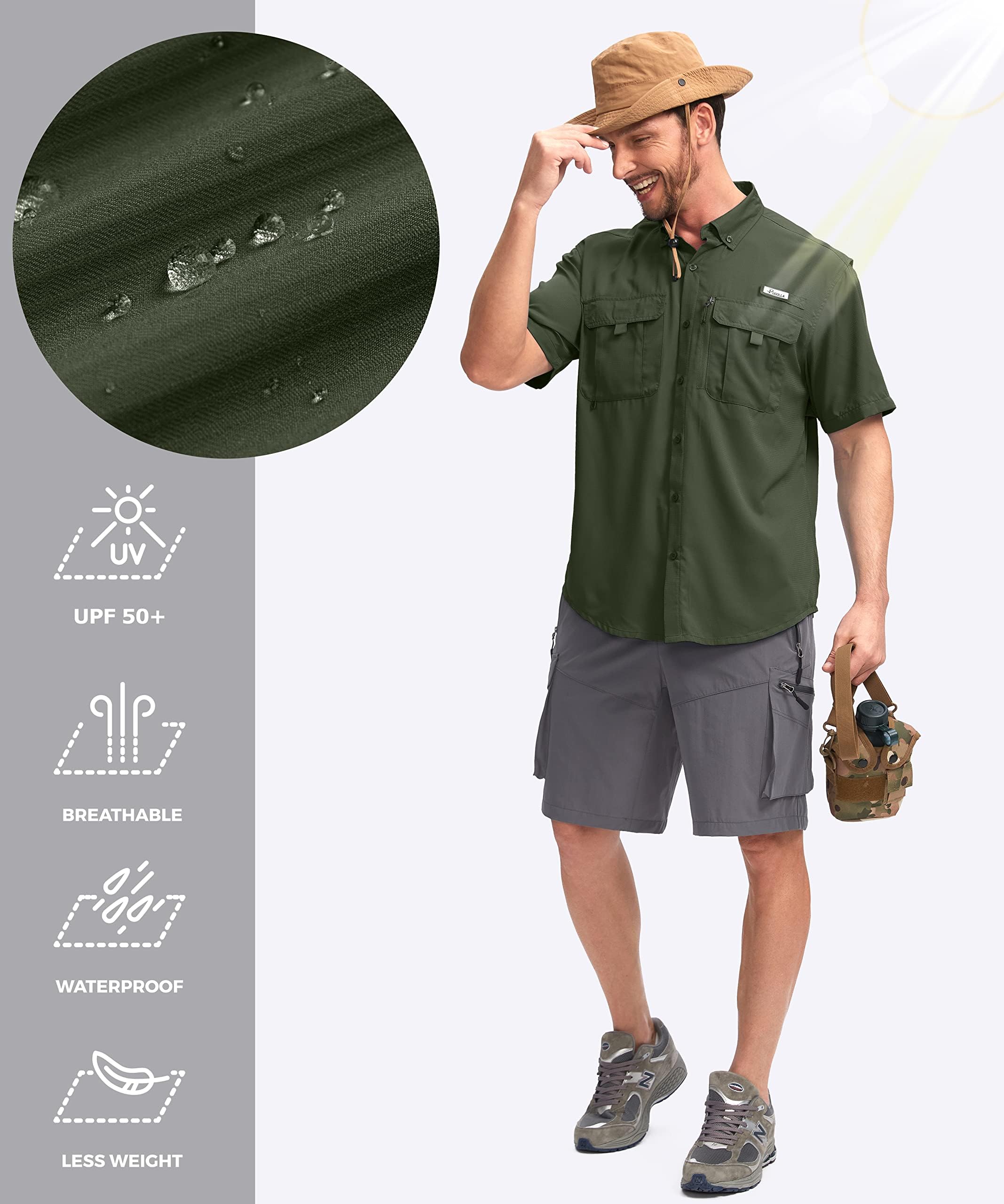 Pudolla Men's Fishing Shirts Short Sleeve Travel Work Shirts Summer Button Down Shirts for Men UPF50+ with Zipper Pockets(Olive, XX-Large)