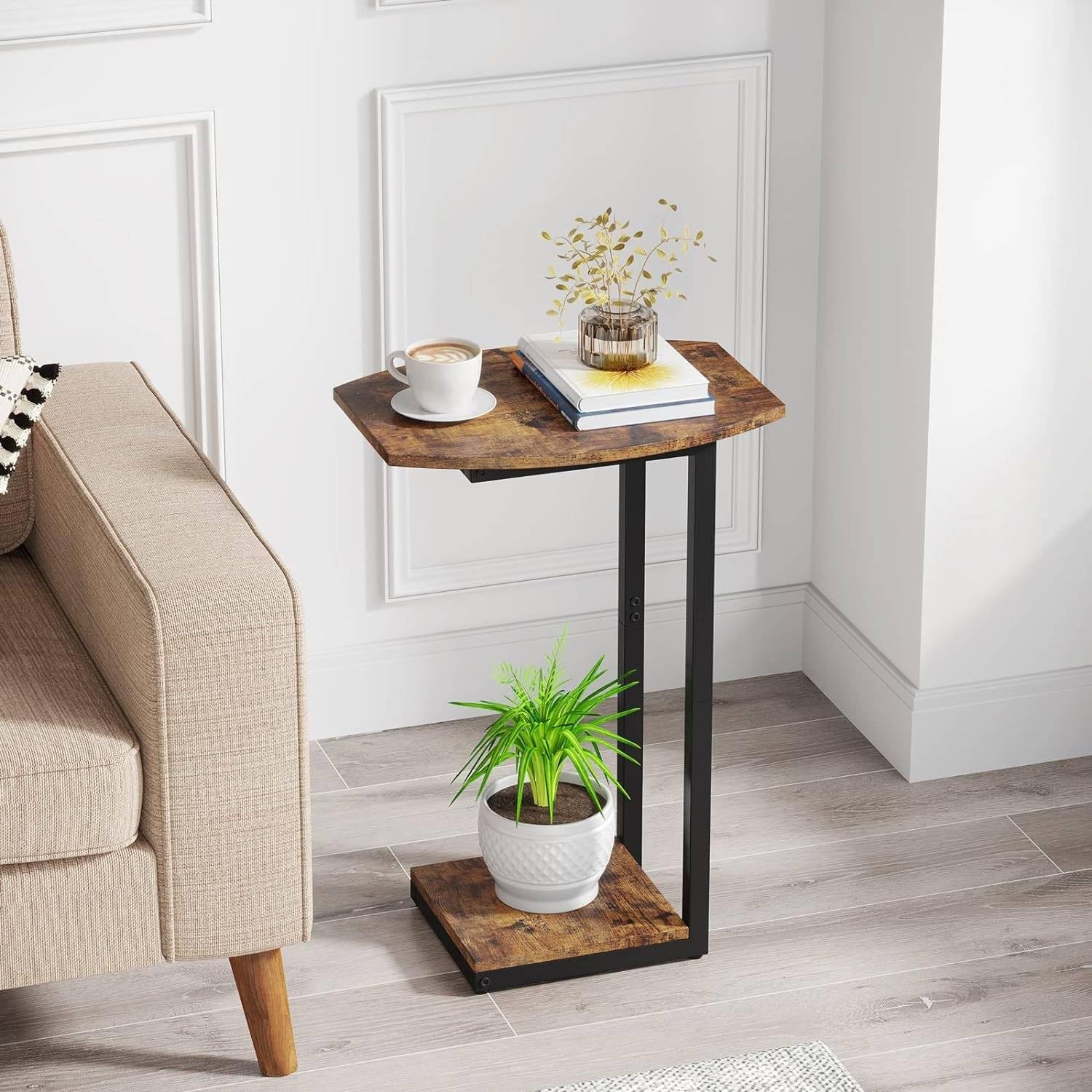 Hosfais Small Side Table End Table, C Shaped Barrel Coffee Table with Metal Frame, Wooden TV Tray for Living Room, Bedroom, Couch, Small Spaces (Rustic Brown)