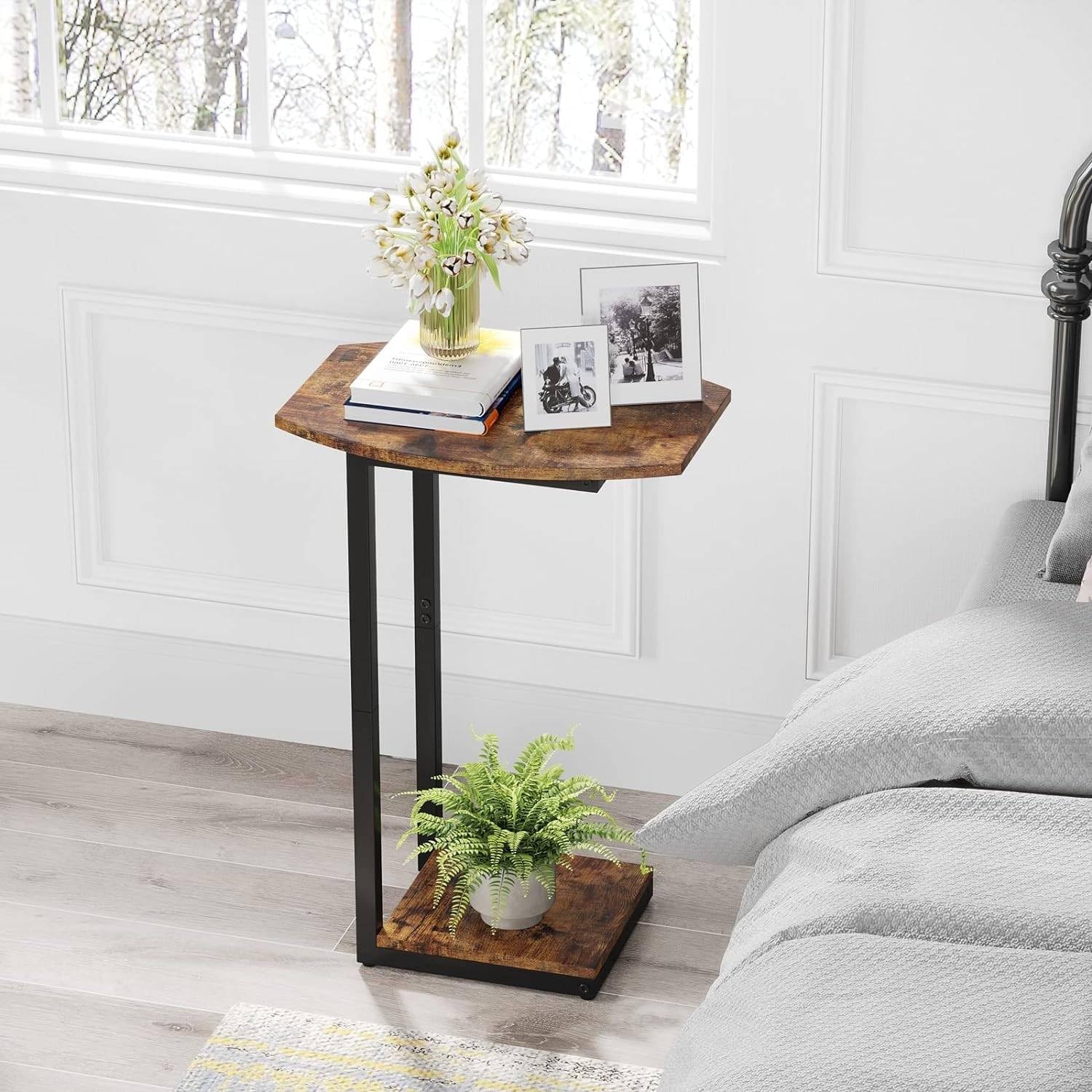 Hosfais Small Side Table End Table, C Shaped Barrel Coffee Table with Metal Frame, Wooden TV Tray for Living Room, Bedroom, Couch, Small Spaces (Rustic Brown)