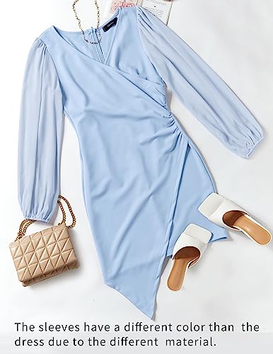 ZESICA Women's Wrap V Neck Bodycon Mini Dress Puff Long Sleeve Ruched Asymmetrical Hem Cocktail Party Short Dresses,LightBlue,Medium