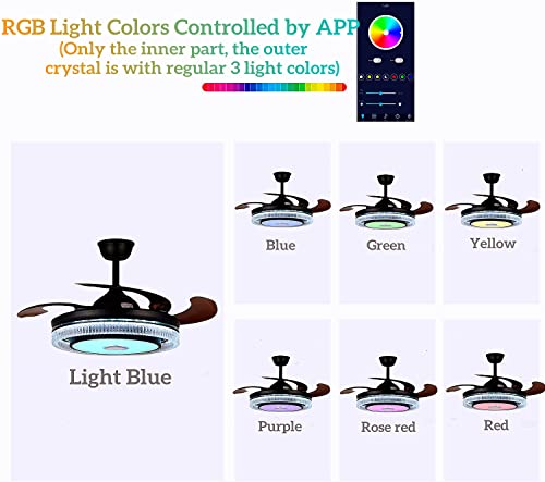 LUOLAX 42in Fandelier Ceiling Fan with Lights and Bluetooth Speaker,Modern Crystal Chandelier LED Fan 6 Speeds Fans Music with Remote Control Modern Crystal Invisible Blades with Silent Motor