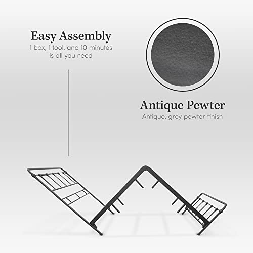 eLuxurySupply SNAP Metal Bed Frame - Carbon Steel with Antique Pewter Finish Folding Bed Frame - Easy Assembly with Headboard and Footboard - Sturdy Steel Construction Bed Base - Queen Size