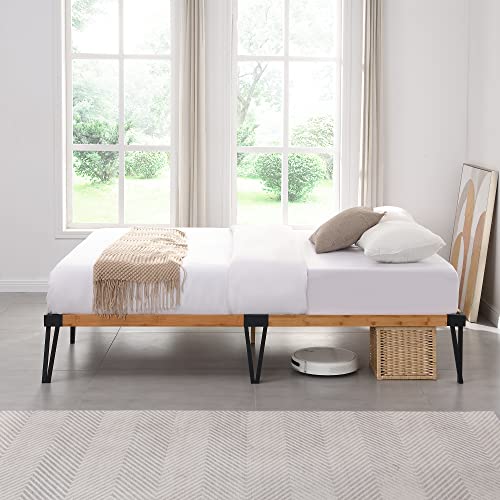HW COMFORT 14 Inch Queen Solid Bamboo and Metal Platform Bed Frame/Bamboo Wood Slat Support/No Box Spring Needed/Easy Assembly, Natural & Black